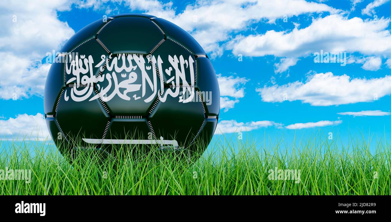Soccer ball with Saudi Arabian flag on the green grass against blue sky ...