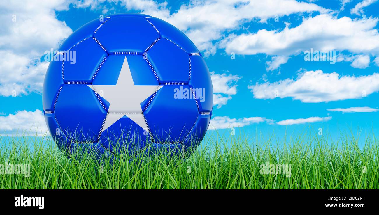 Soccer ball with Somali flag on the green grass against blue sky, 3D ...