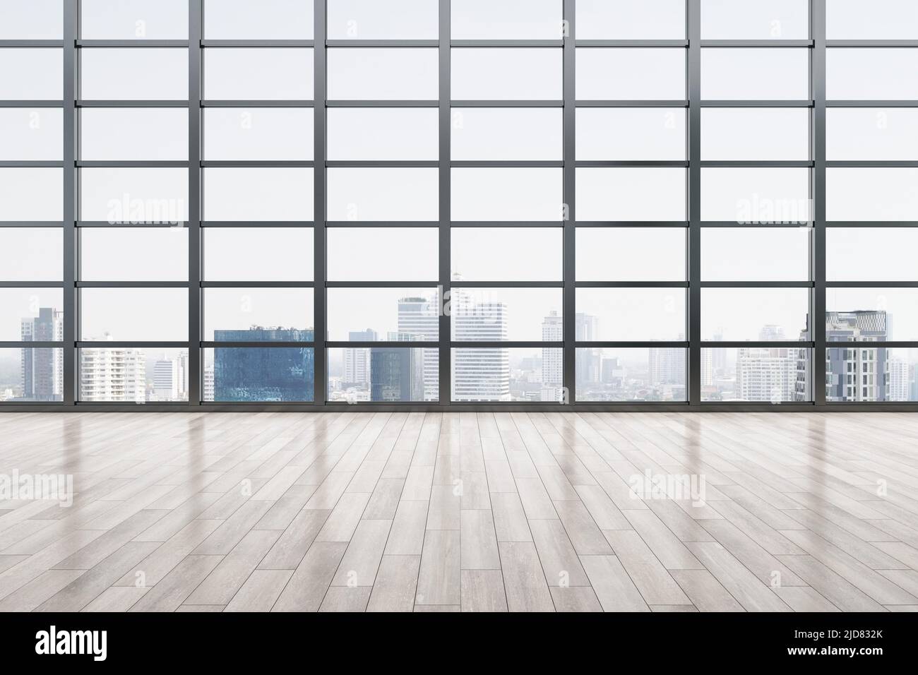Great city view from big lattice window in empty spacious hall with ...
