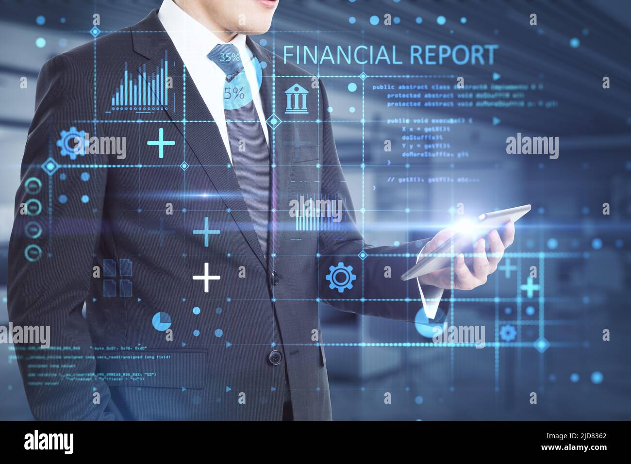 Sell and analyzing stock concept with businessman looking at digital ...