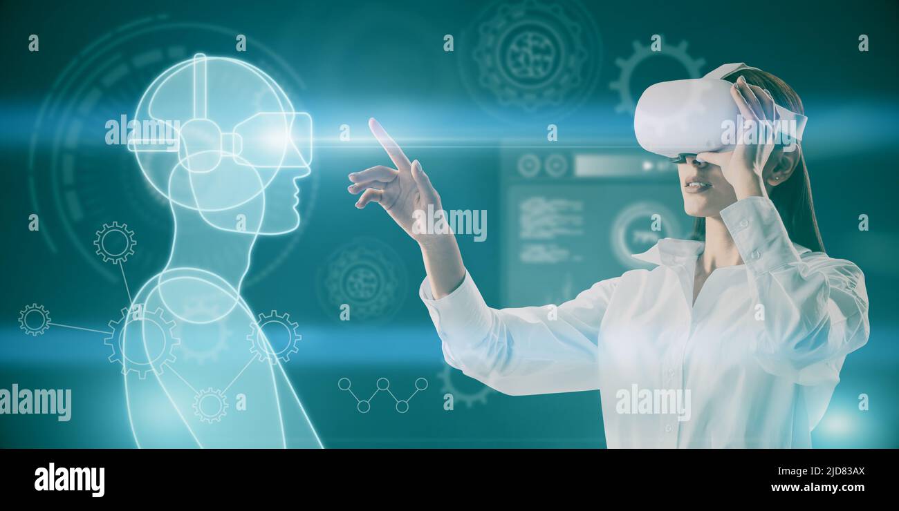 Virtual reality VR concept with young woman in headset creating an ...