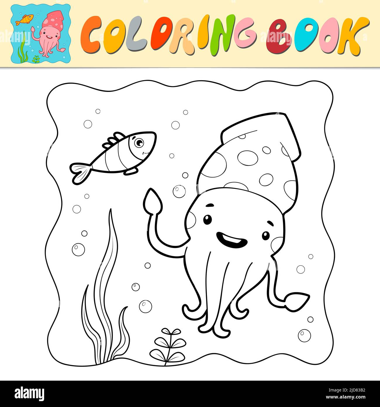 Coloring book or Coloring page for kids. Squid black and white vector ...