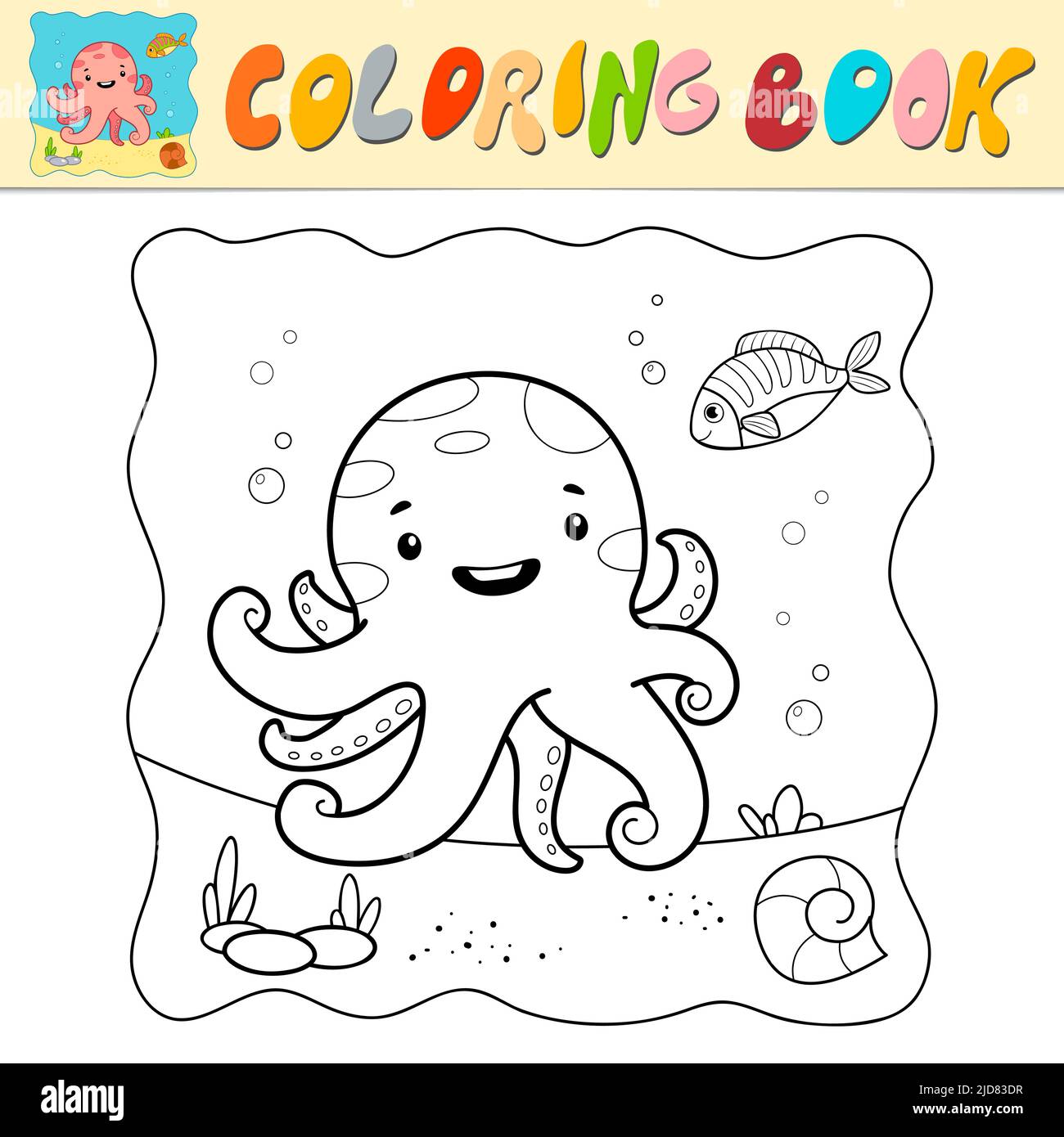 Coloring book or Coloring page for kids. Octopus black and white vector ...