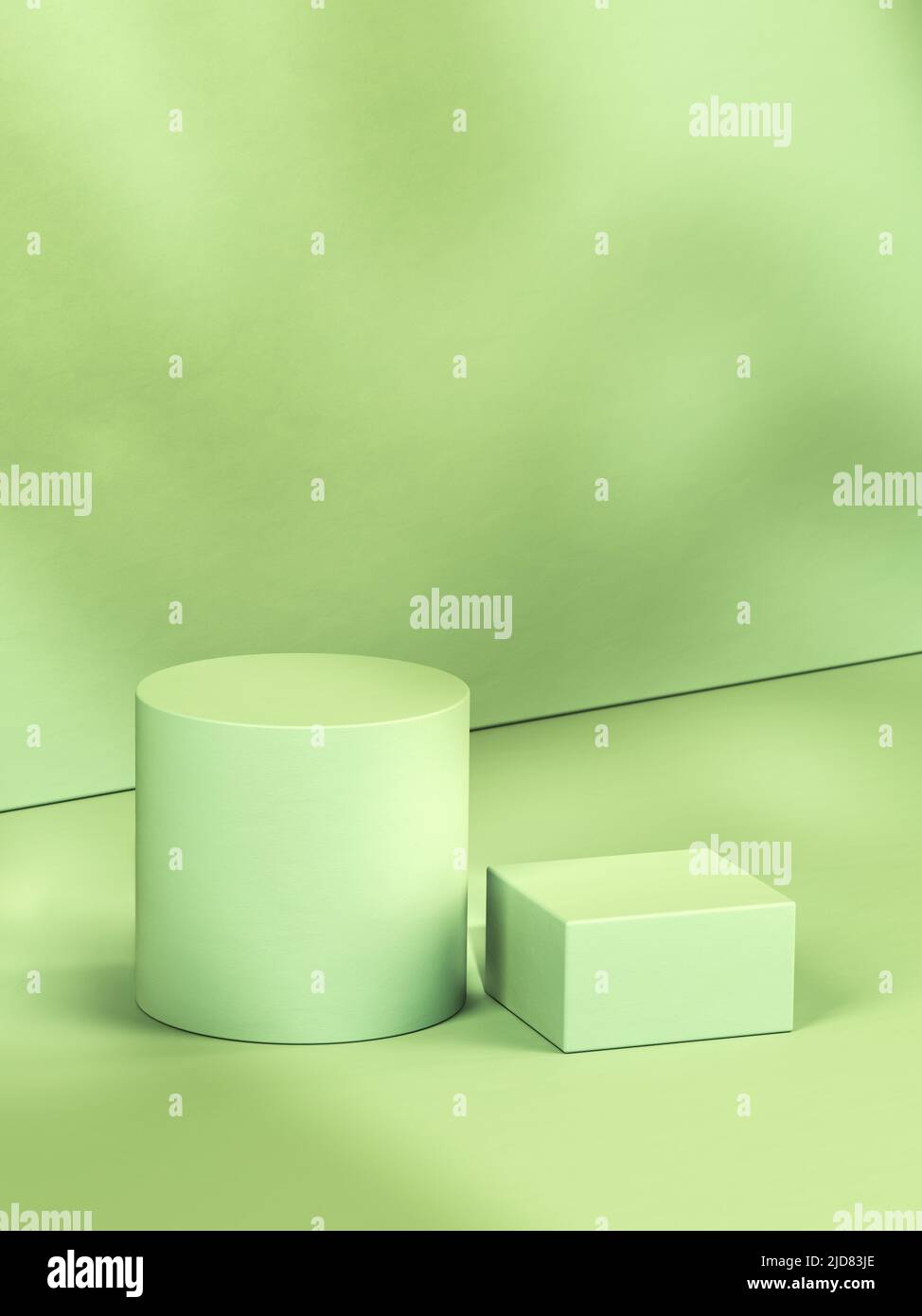 Group of three various cylindrical pedestals, green toned scene. 3d ...