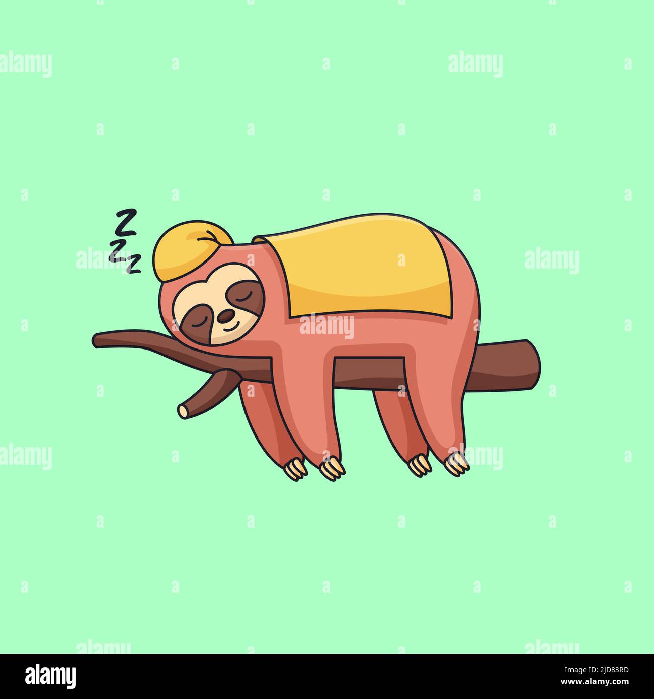 Cute sloth sleeping wearing blanket on twigs animal cartoon vector ...
