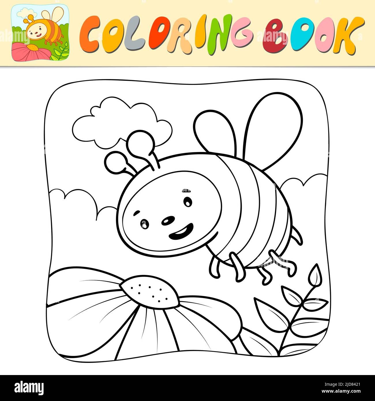 Coloring book or Coloring page for kids. Bee black and white vector ...