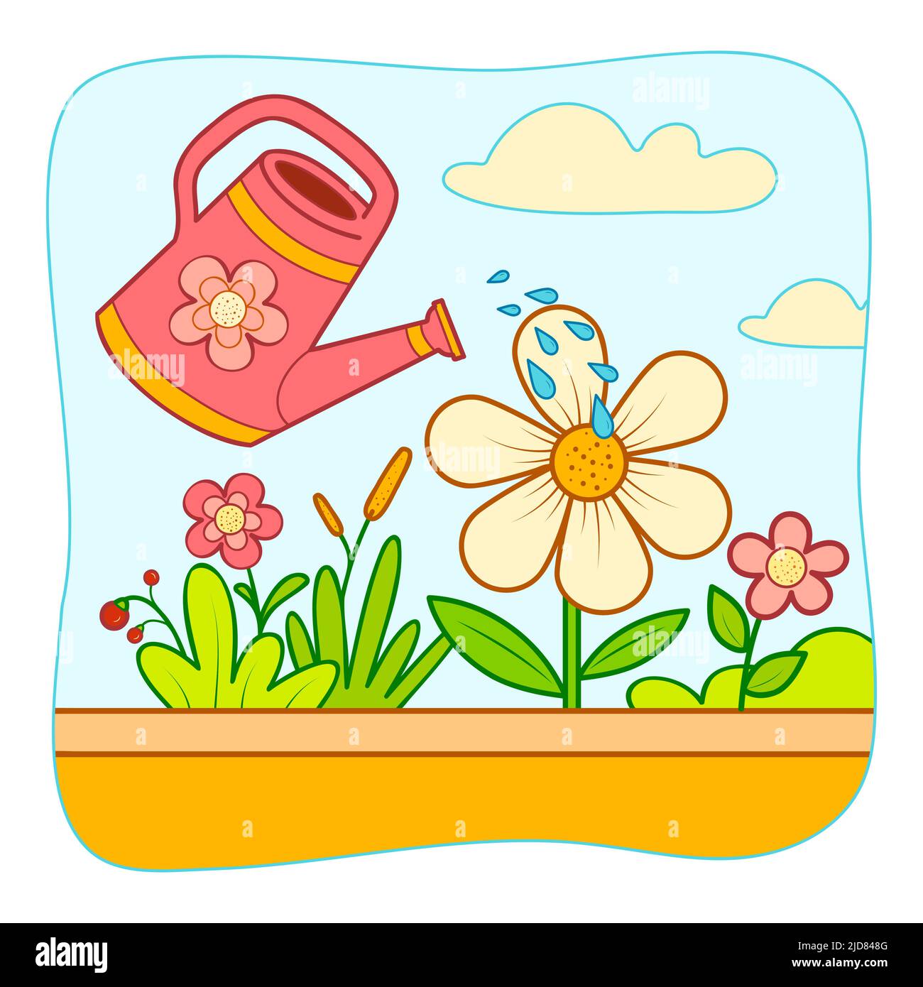 Cute Flowers and watering can cartoon. Watering flowers clipart vector ...