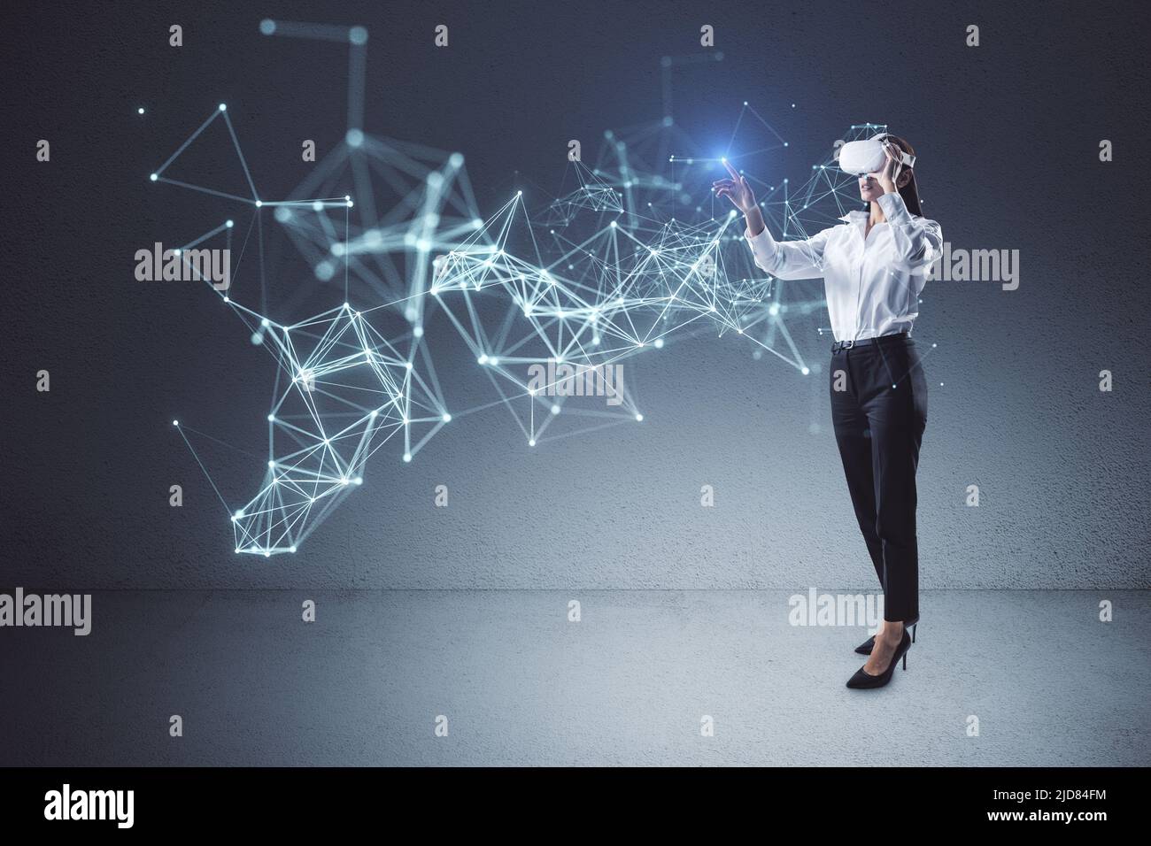 Cyber and digital world technology with woman waring VR headset playing ...