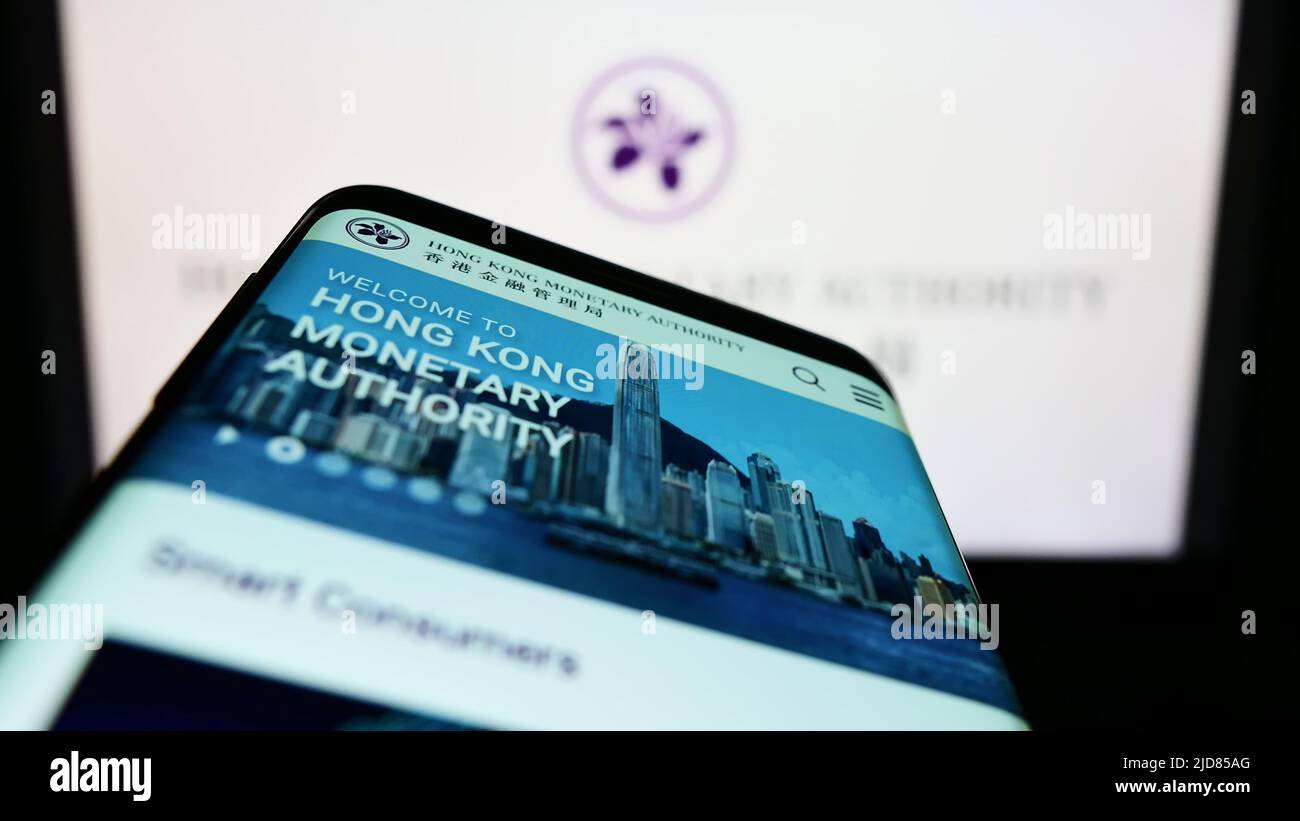 Mobile phone with website of Hong Kong Monetary Authority (HKMA) on ...