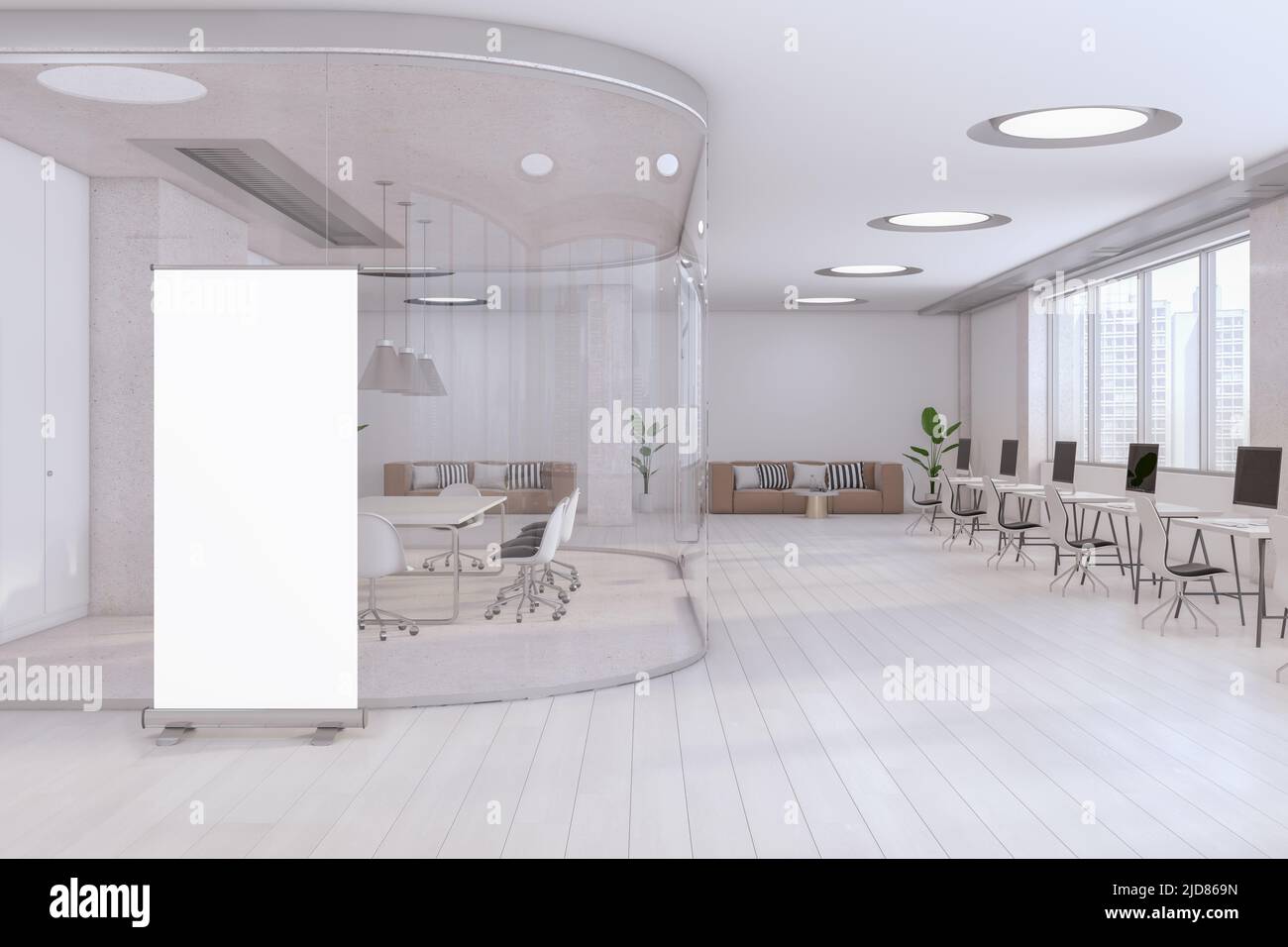 Blank white poster on light wooden floor in front of stylish glass wall ...