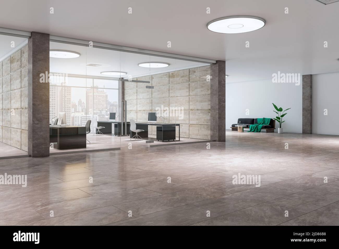 Side view on glass doors of stylish coworking office with modern ...