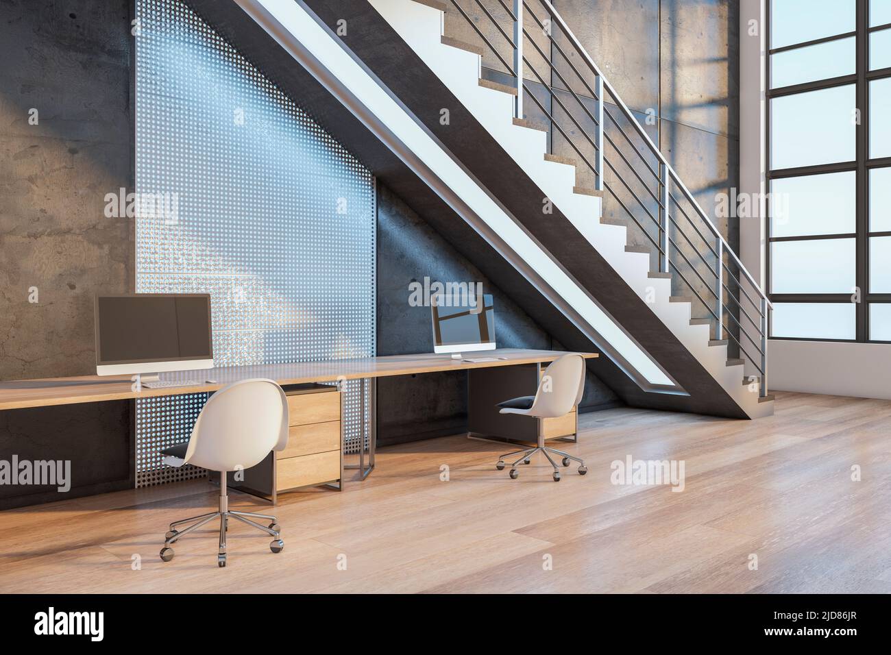 Side view on sunny airy loft style coworking office with minimalistic ...