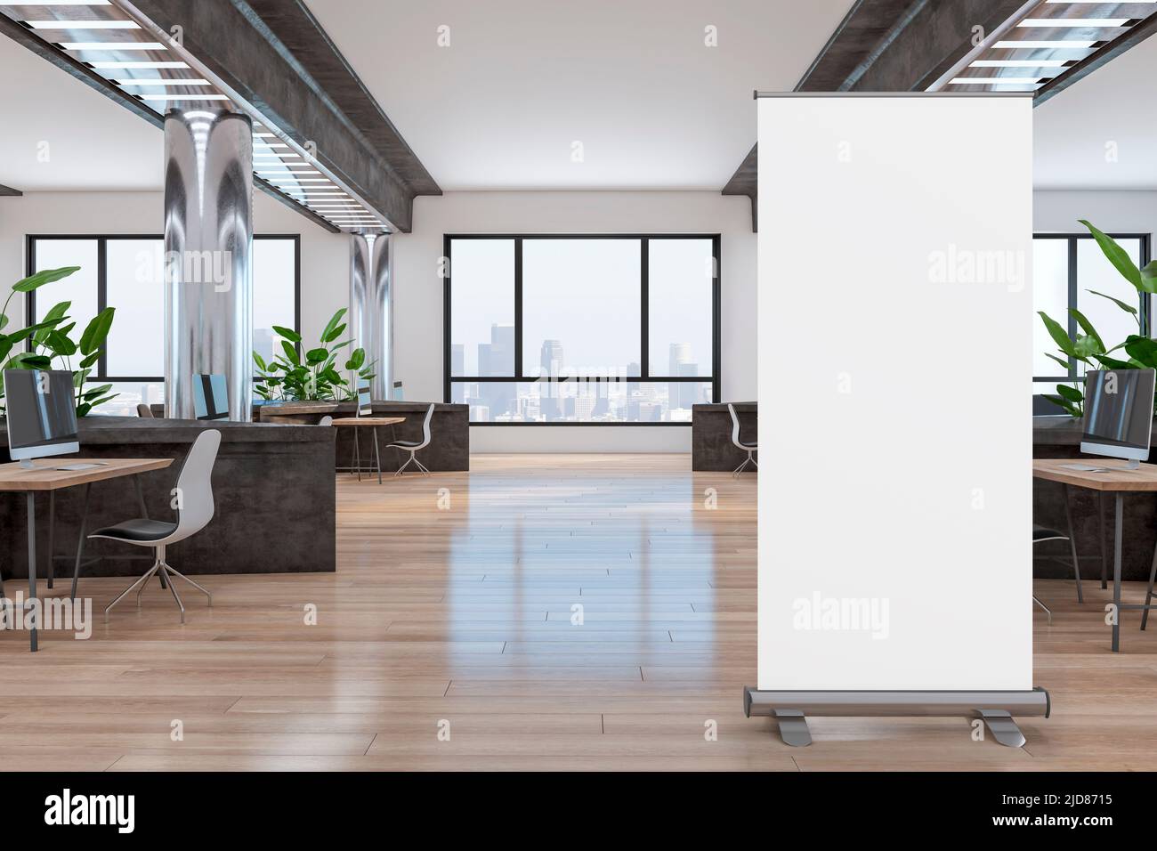 Blank poster on wooden floor in office with modern interior design ...