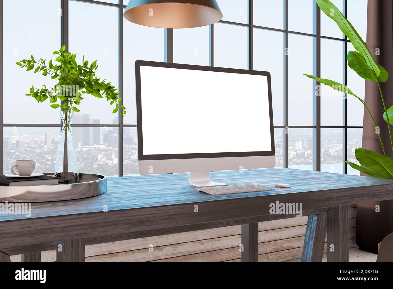 Side view on blank white modern monitor with space for your text on ...