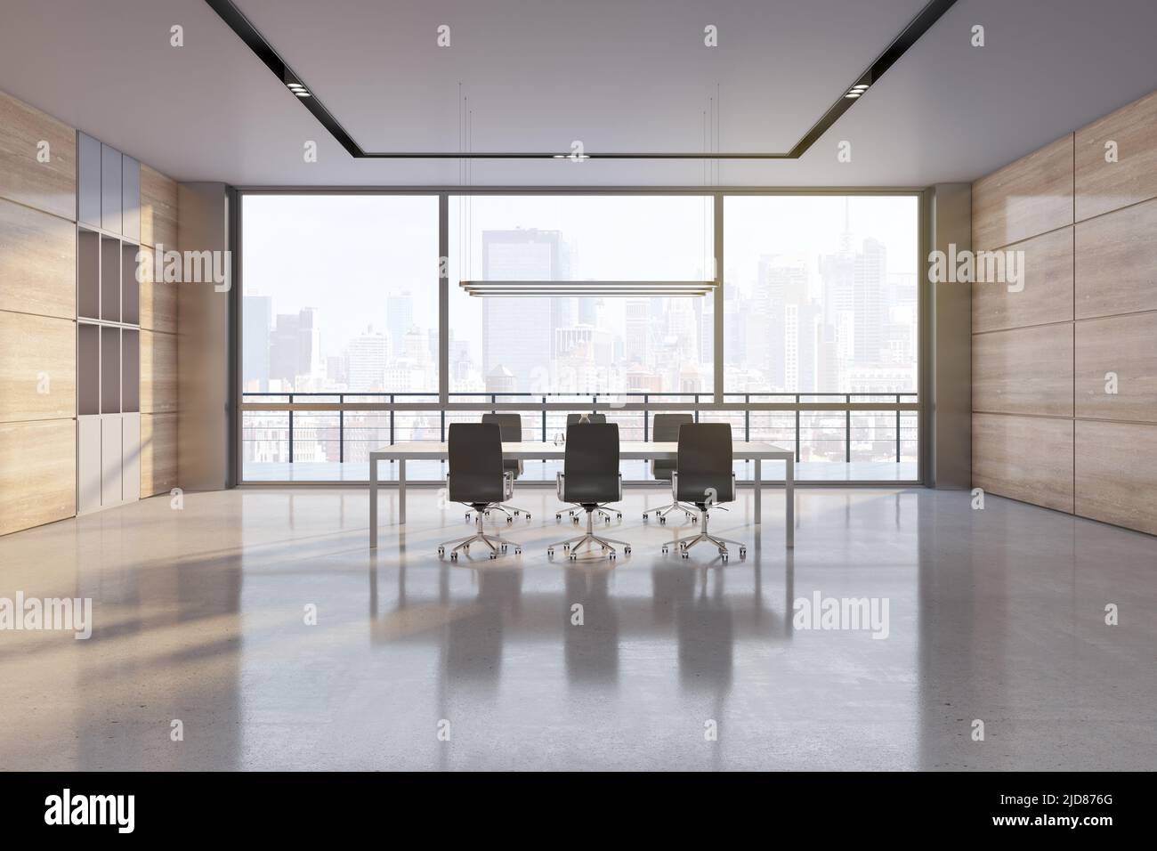 Front view on sunny big conference room with black chairs and wooden ...