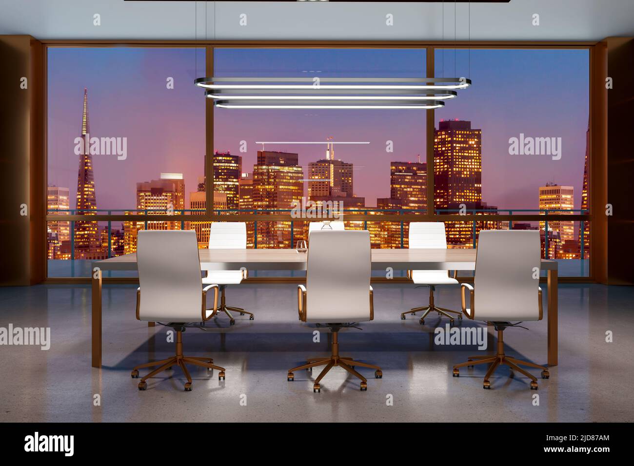 Front view on modern meeting room with metal decorated conference table ...