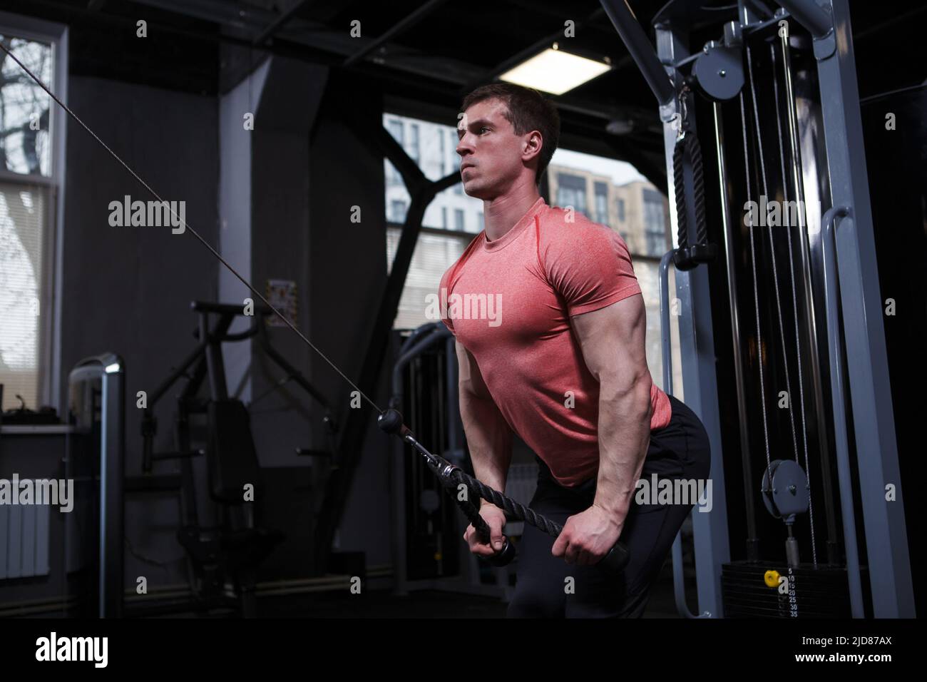 Strong muscular man doing back muscles workout at the gym Stock Photo ...