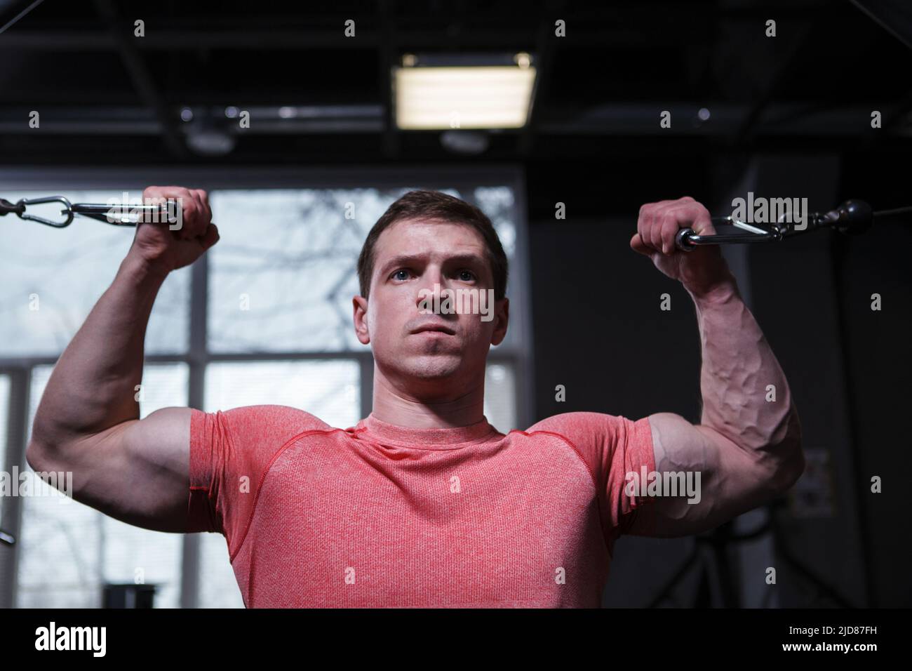 Close up of a determined bodybuilder doing bicep curls in cable ...