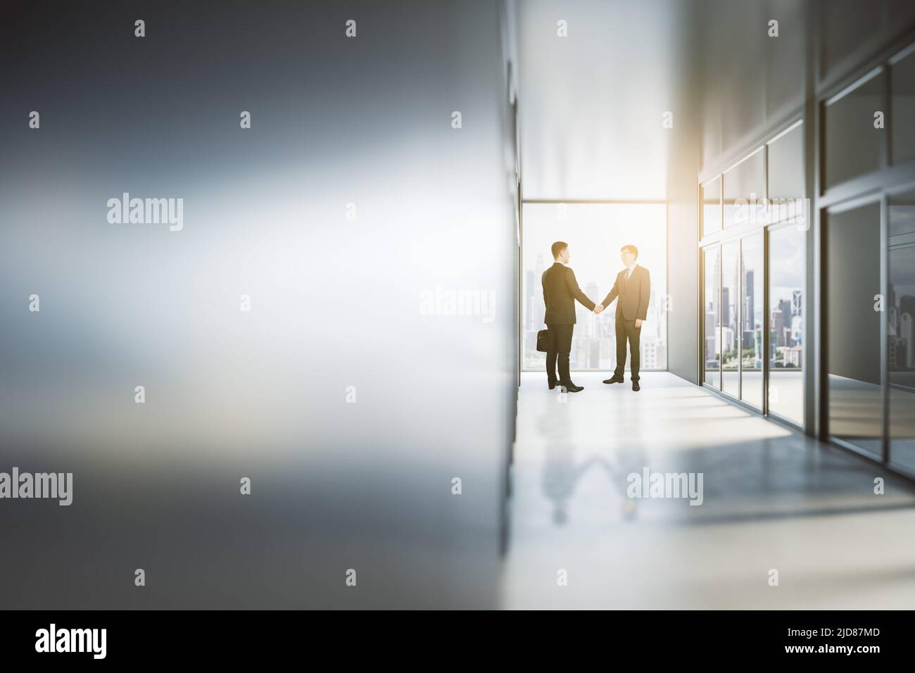Business partnership concept with man handshaking in sunny office hall ...