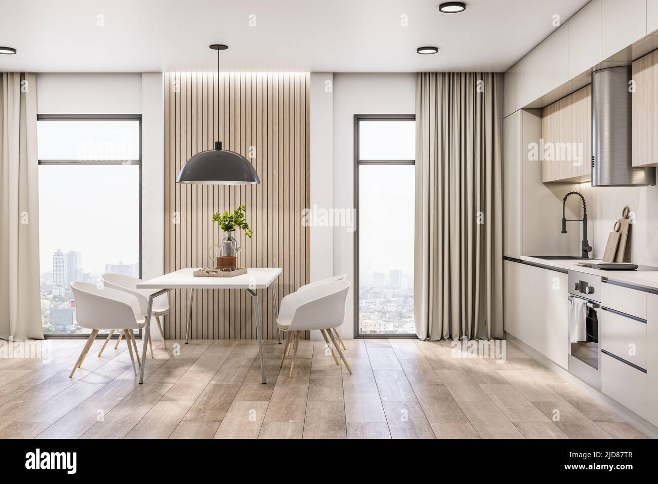 Side view on white dining table and chairs in spacious stylish kitchen ...