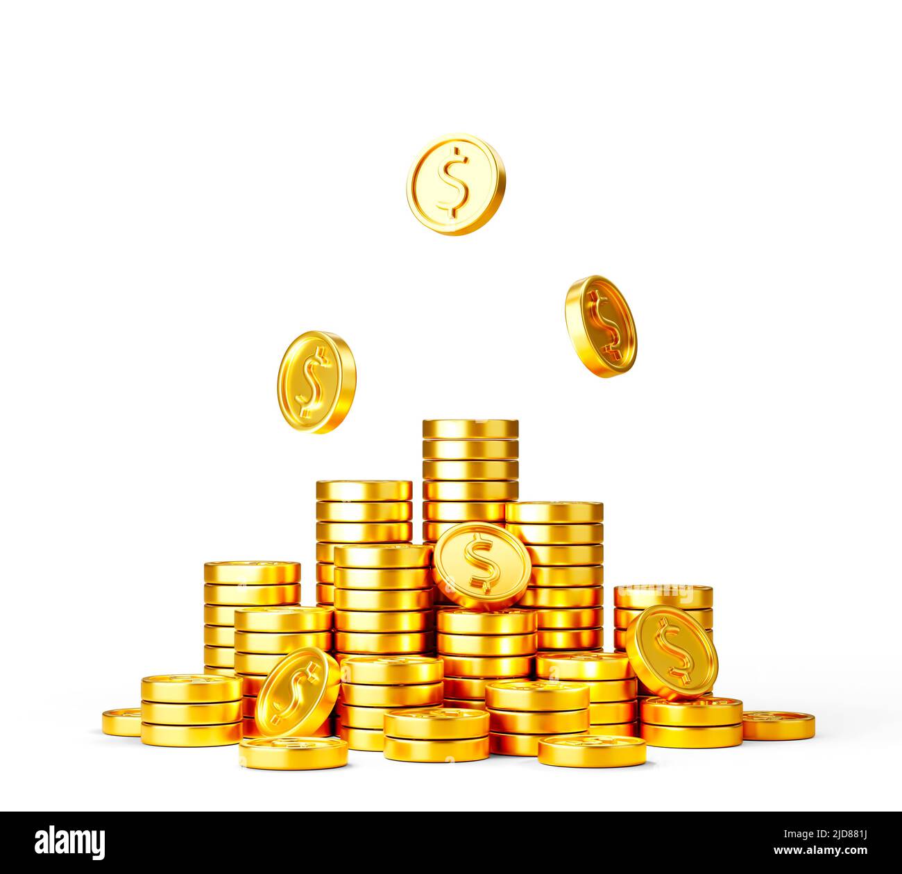 Pile of golden dollar coins and falling gold dollar coins on white ...