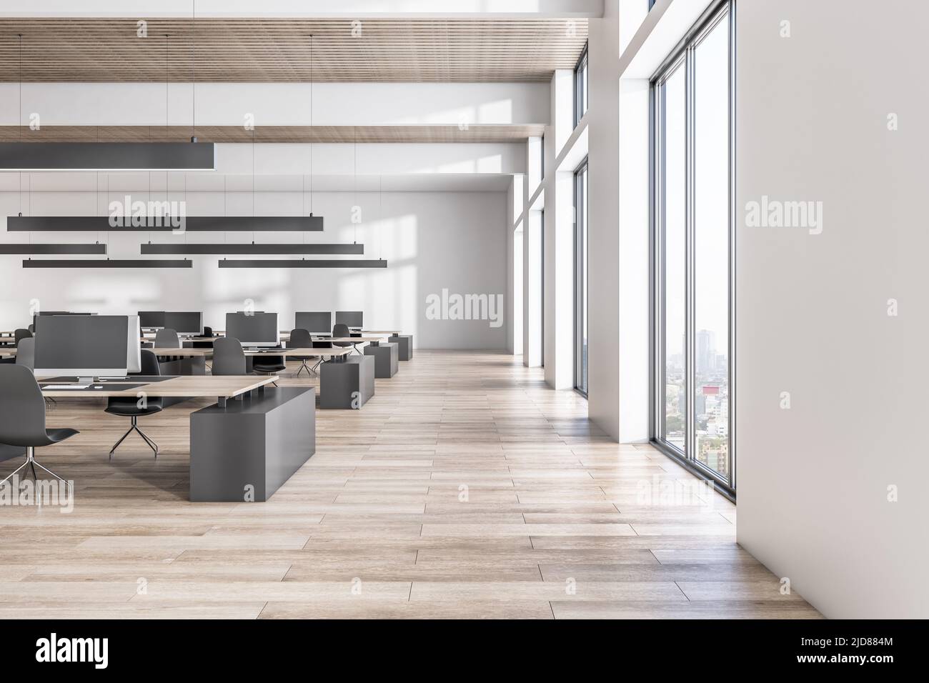 Side view on sunny spacious coworking office with modern interior ...