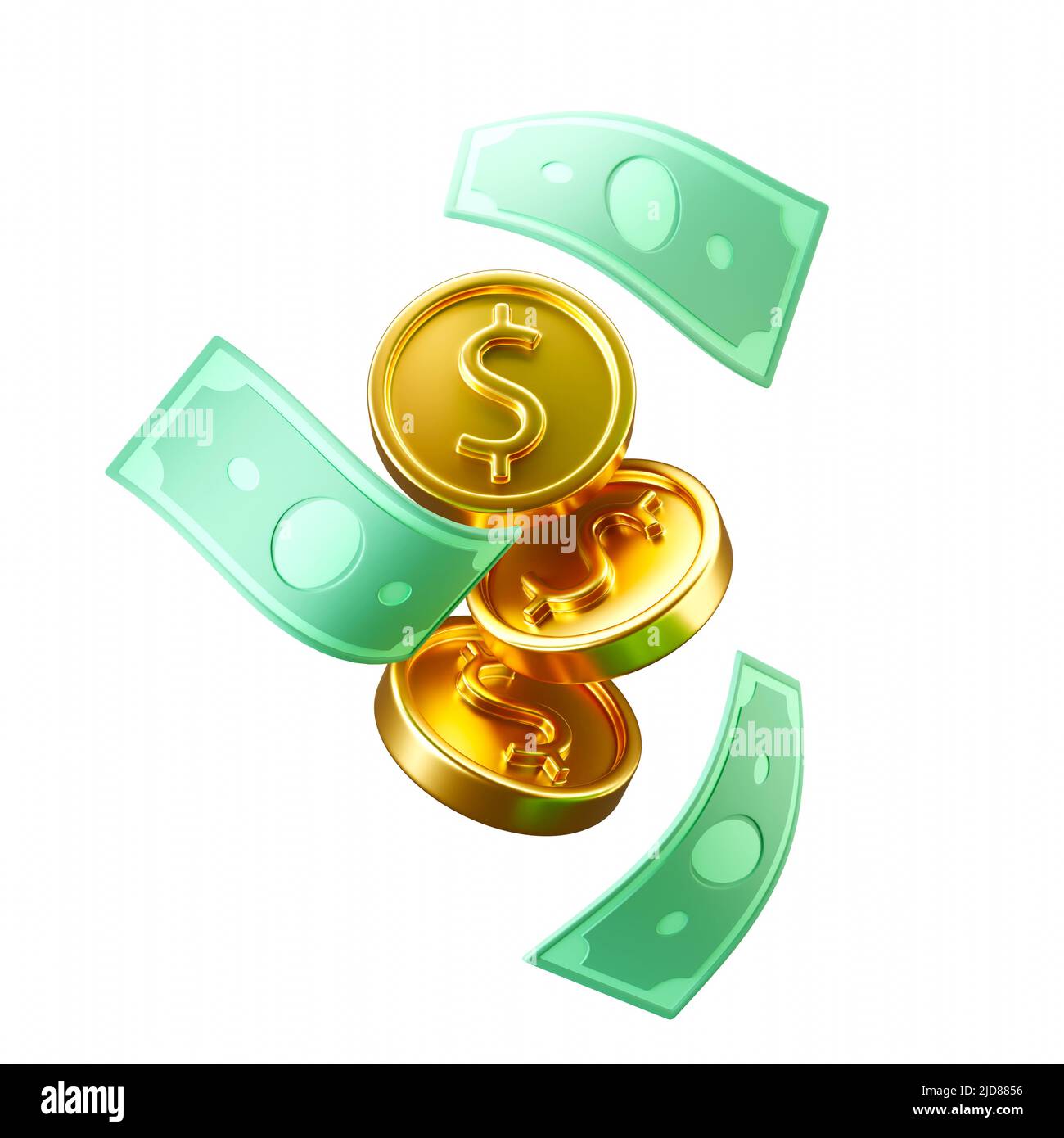 Floating curly dollar bills and golden dollar coins isolated on white ...