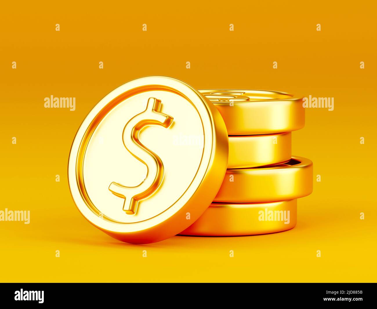 Stack of golden dollar coins on bright yellow background Stock Photo ...