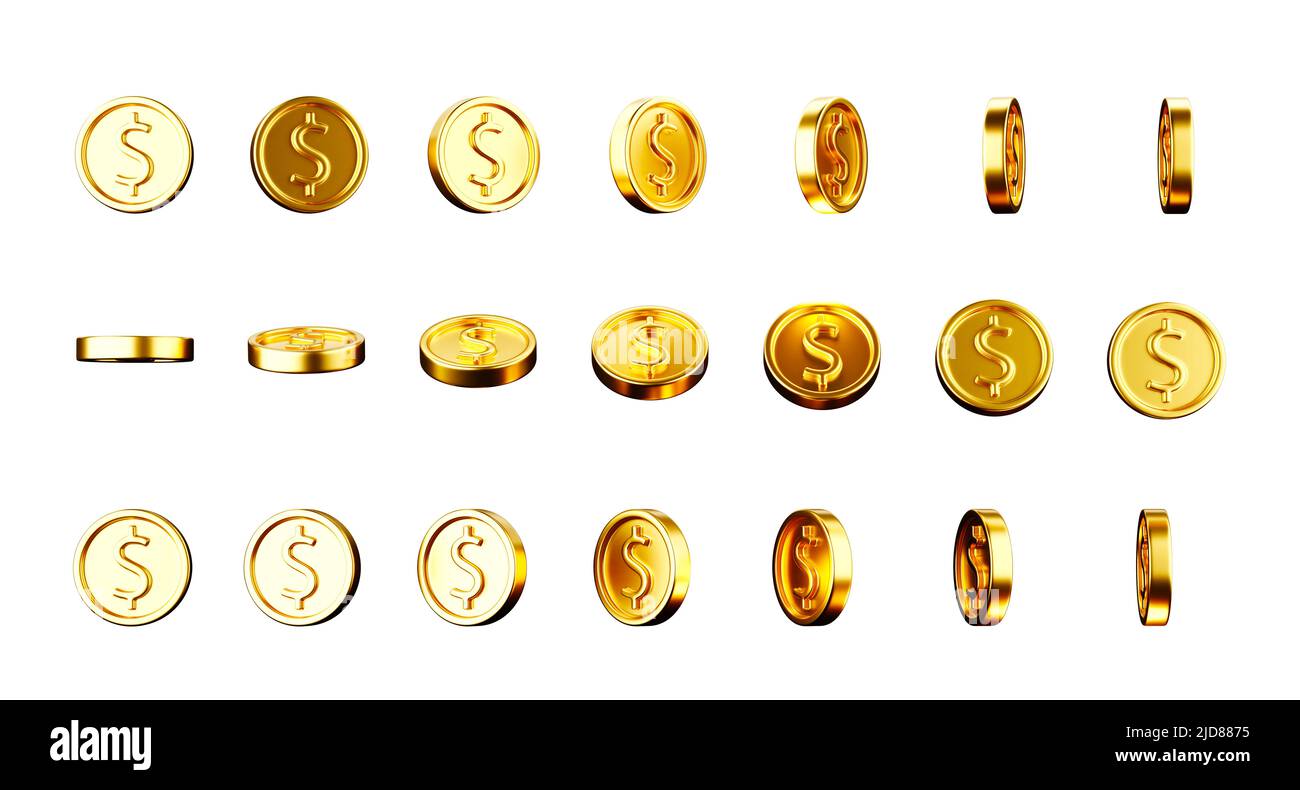 Set of golden dollar coins in different rotation views Stock Photo - Alamy