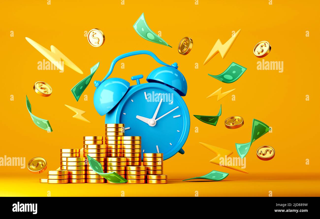 Blue alarm clock with floating bills and coins around Stock Photo - Alamy