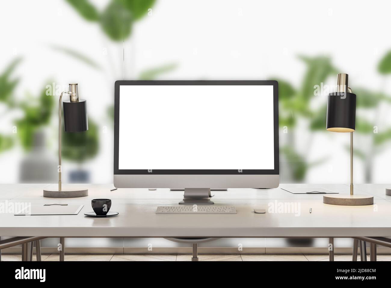 Front view of blank white modern computer monitor on white table with ...