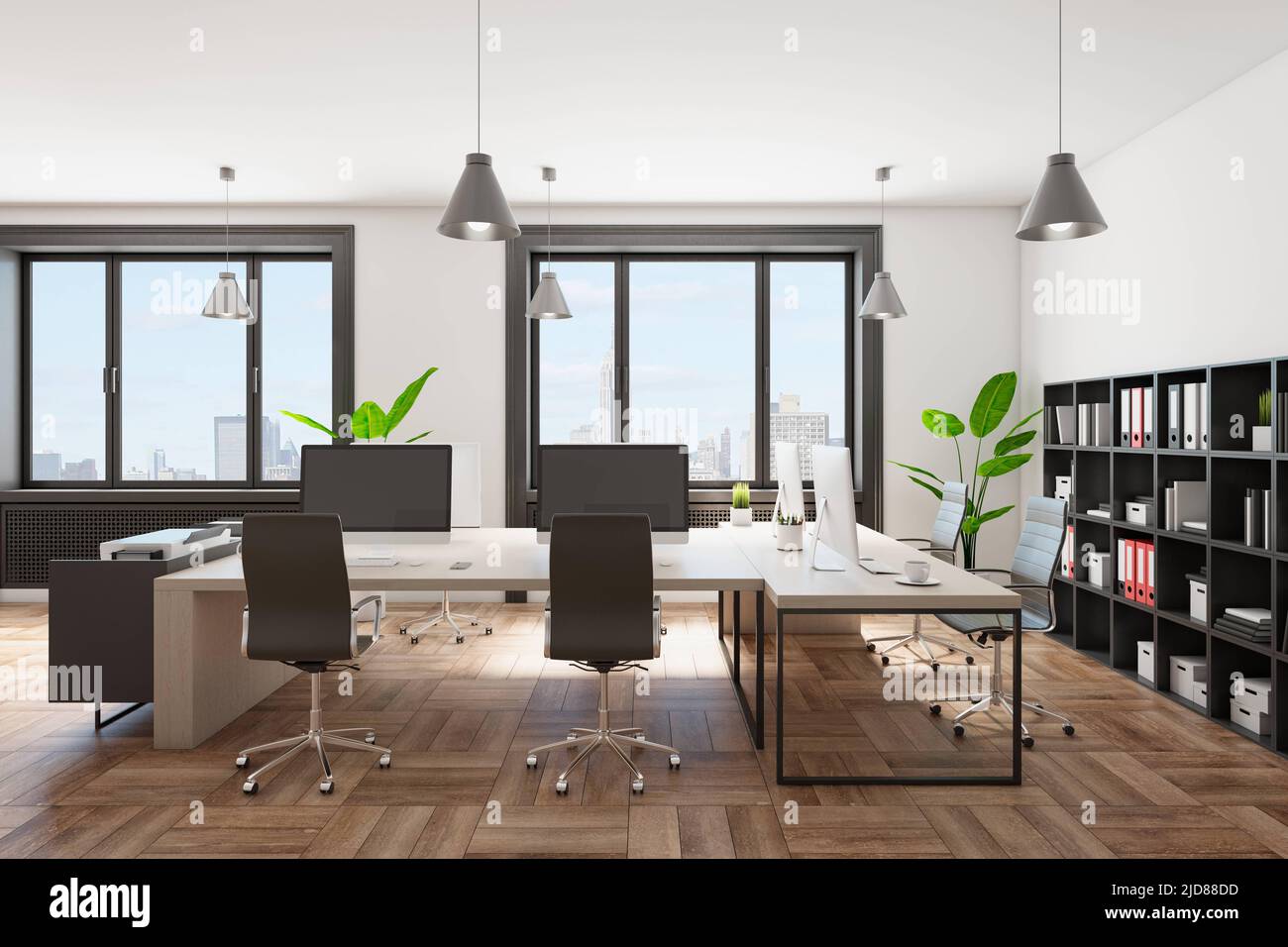 Front view on spacious light walls office with combined work places ...