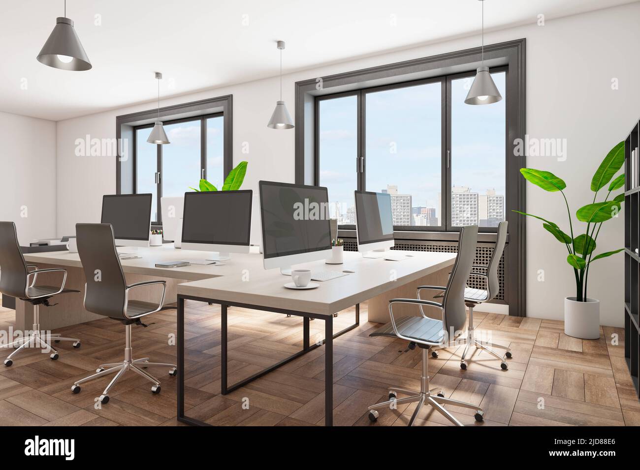 Side view on modern and comfortable work places with wooden tables and ...