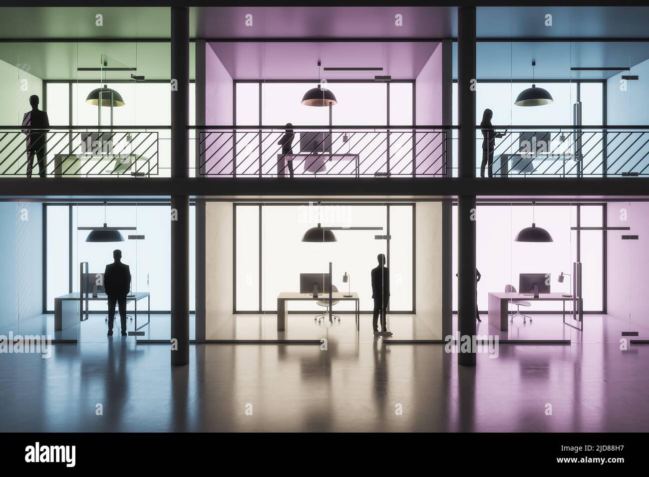 Front view on coworking area with separated by colorful walls parlors ...