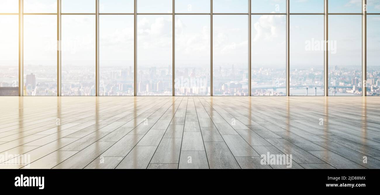 Front view on sunny spacious empty hall with city skyline view from ...