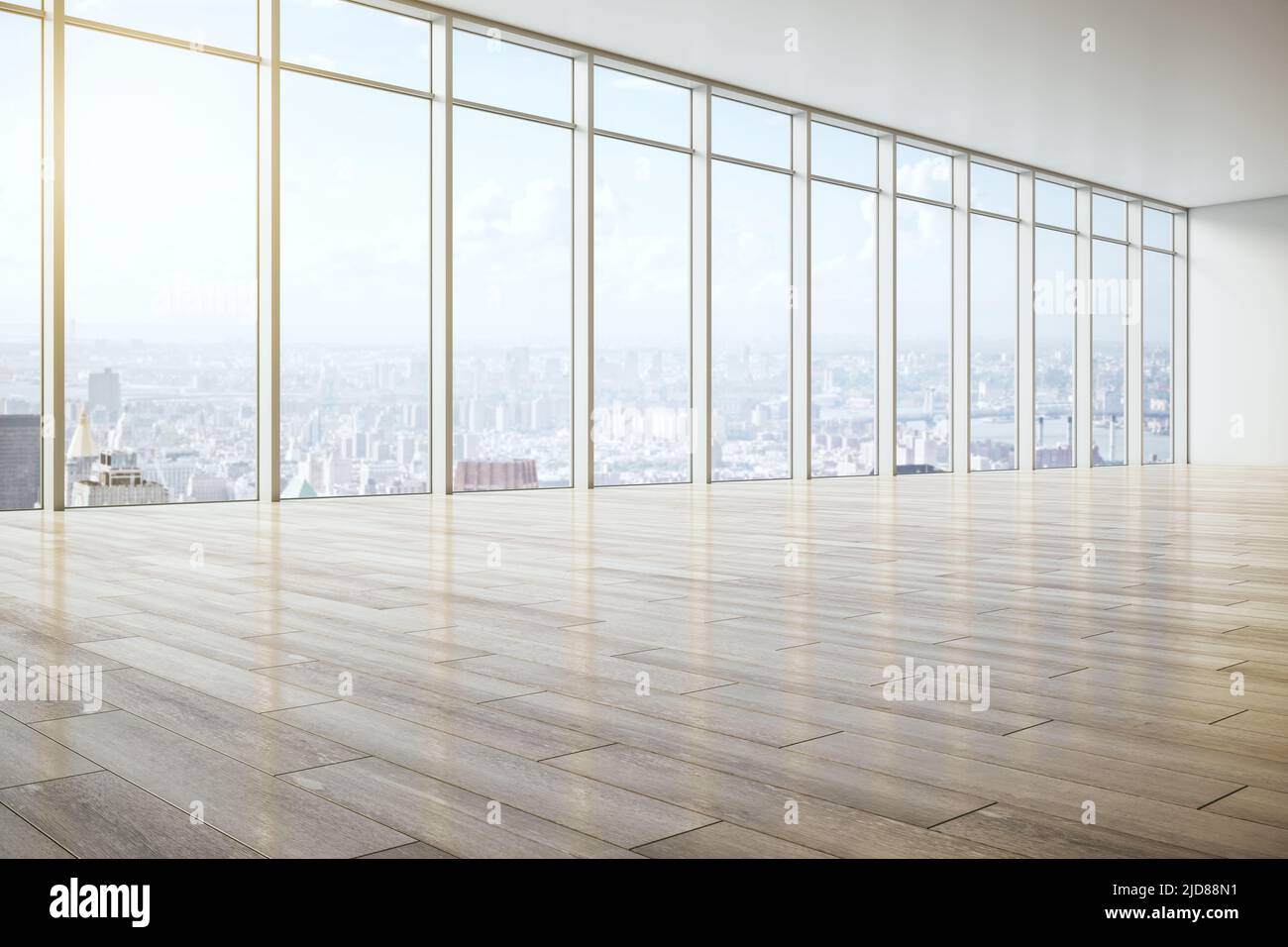 Perspective view on sunny spacious empty hall with city skyline view ...