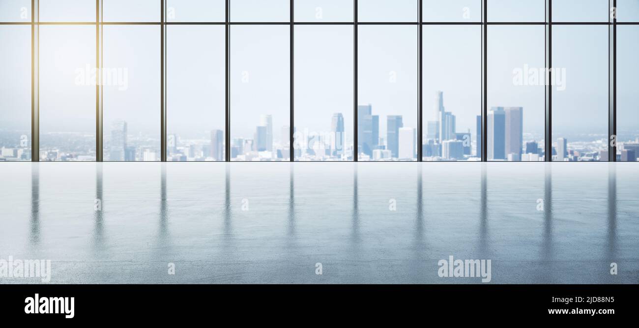 Front view on empty space with city view from big window and blank ...