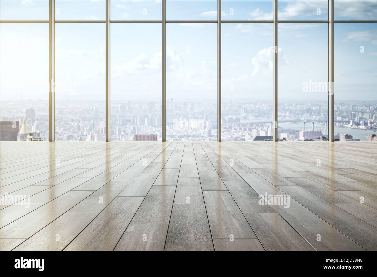 Front view city skyline from sunny spacious empty hall with wooden ...