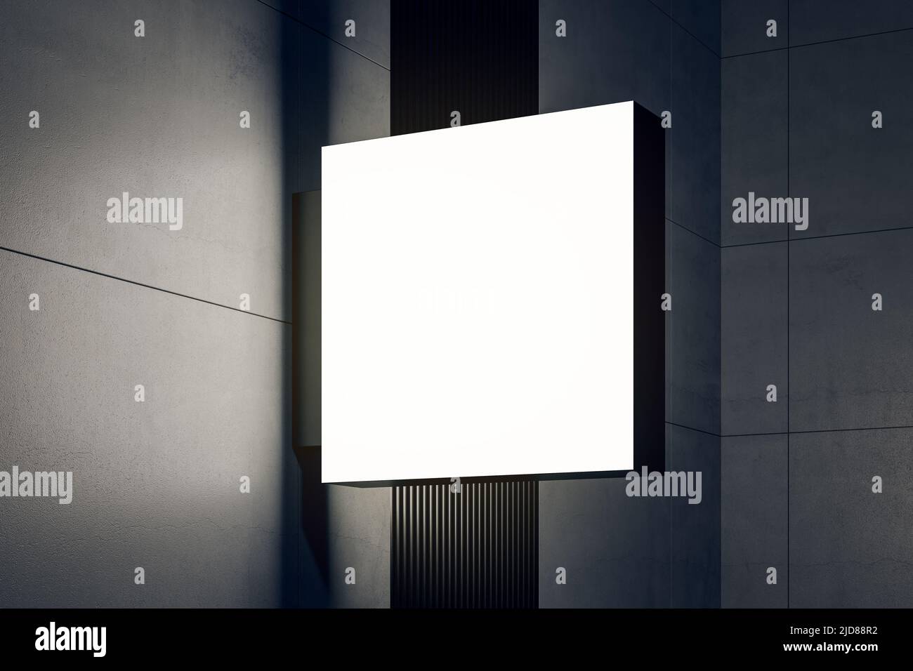 Perspective view on blank white illuminated square signage on modern ...
