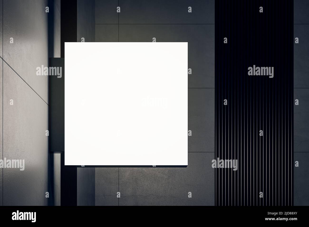 Front view on white blank illuminated square screen with place for your ...