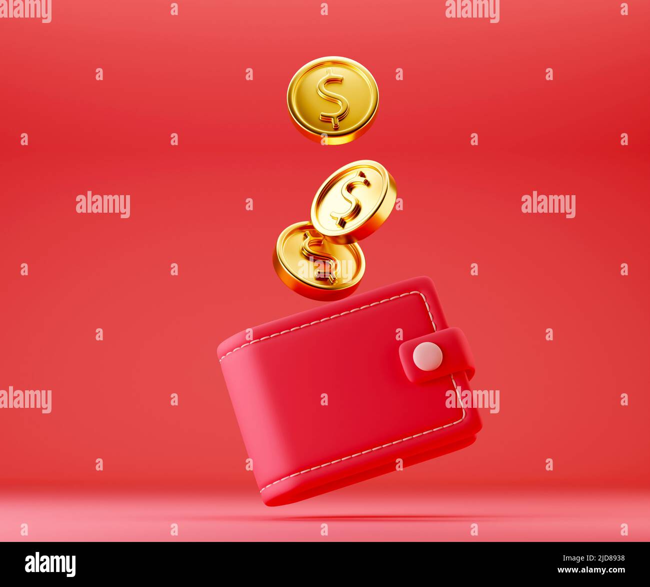 Red wallet with falling golden dollar coins on red background Stock ...