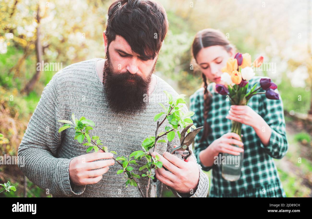 Man grafting spring branch. Couple of Gardeners with garden tools ...
