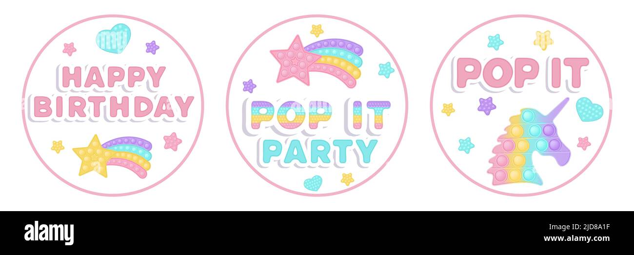 Set of three Birthday favor tags popi it fidget toy vector design with ...