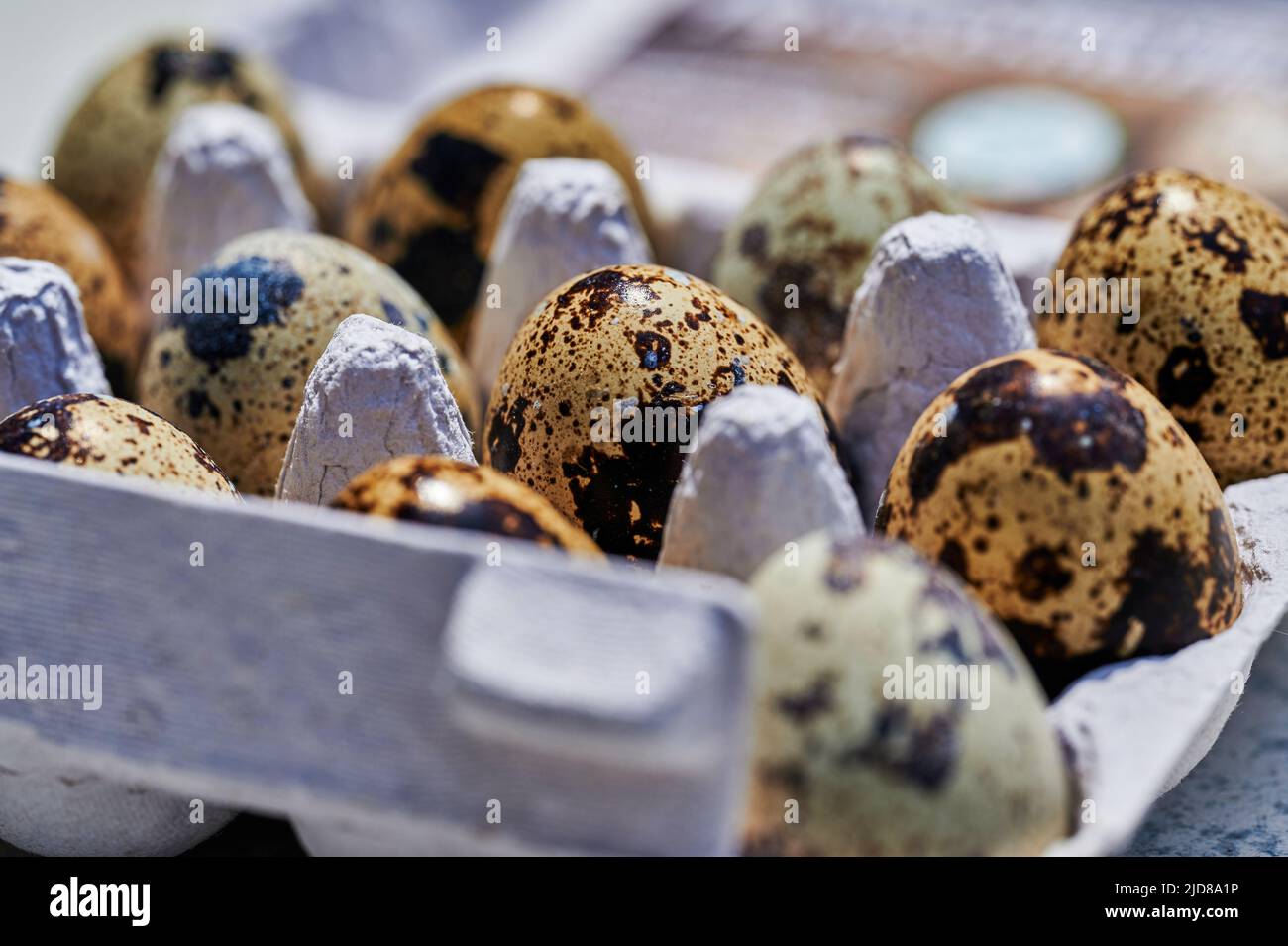 Front view and bokeh effect with a box of fresh quail eggs with a ...