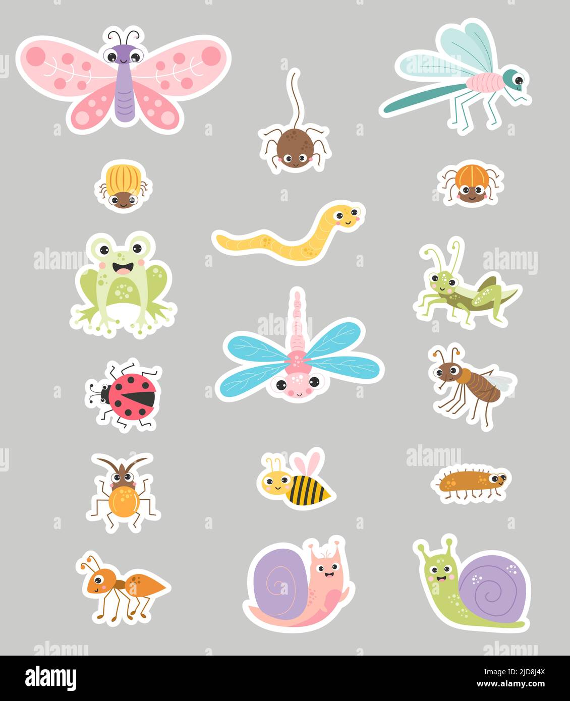 Set of stickers of cute insects. Funny decorative characters of snail ...