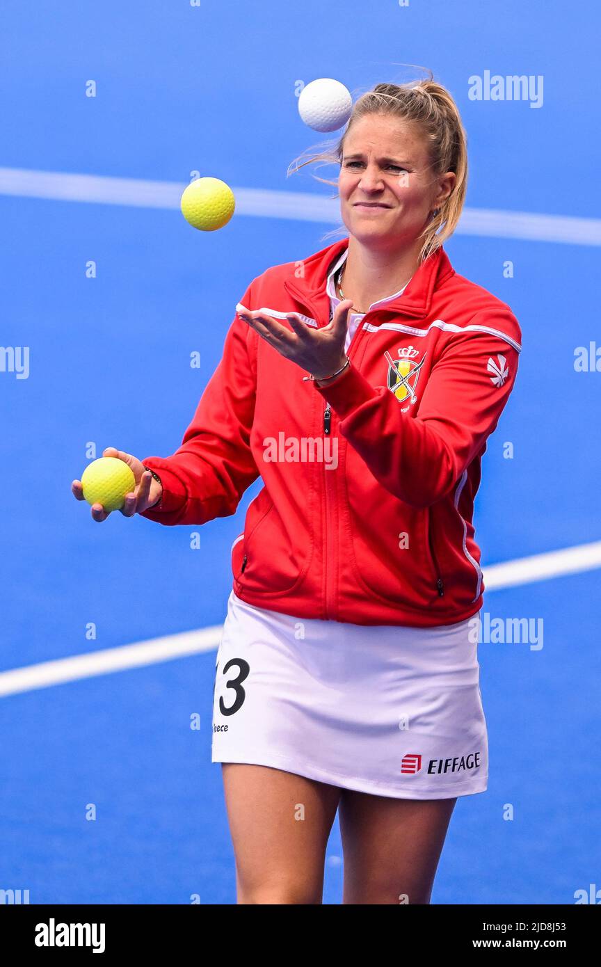 Belgium's Alix Gerniers is juggling before a hockey match between ...