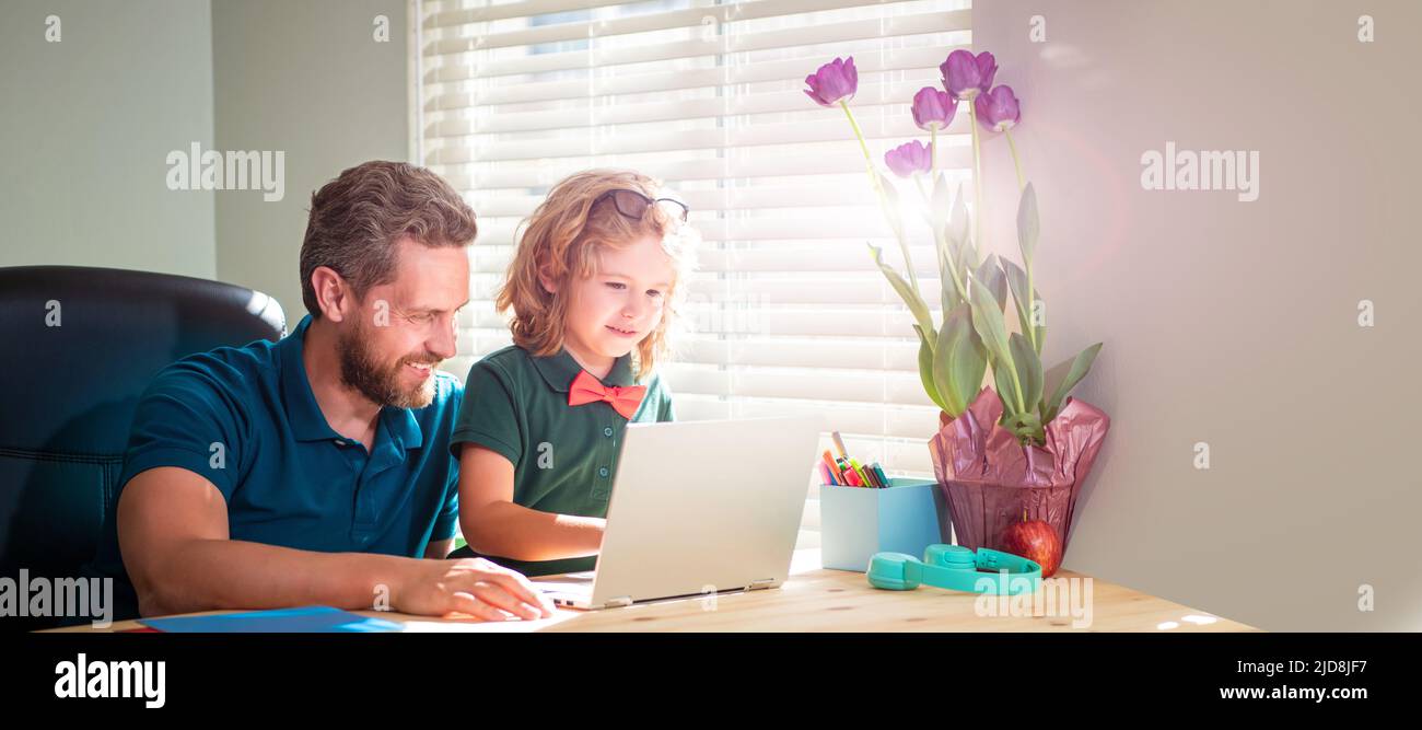 Banner of home school of father and son with laptop at home, happy ...