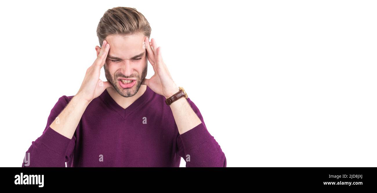 Distressed guy with closed eyes squeeze head with hands suffering from ...