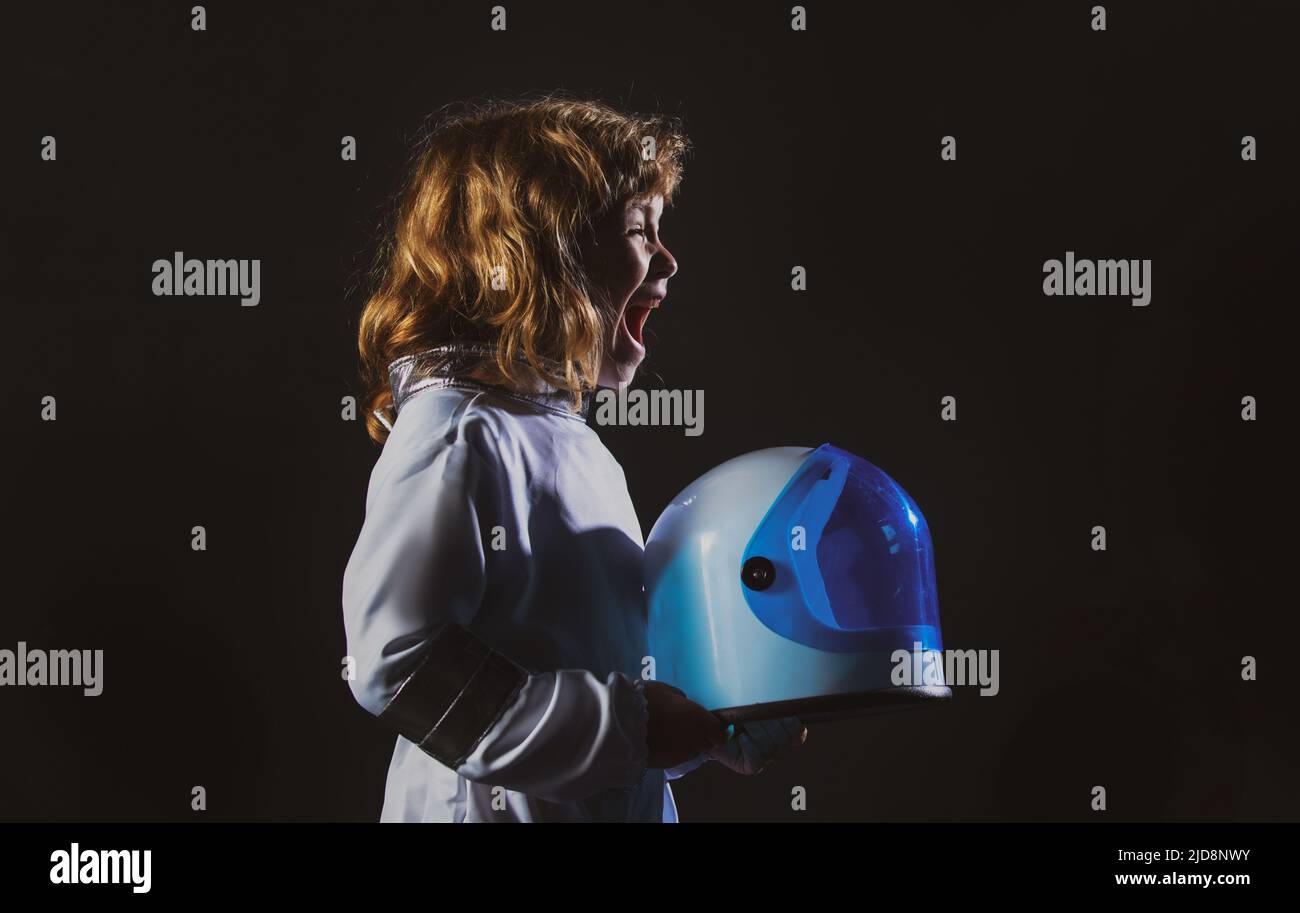 Excited kid boy exploring space. Portrait of amazed surprised kids in ...