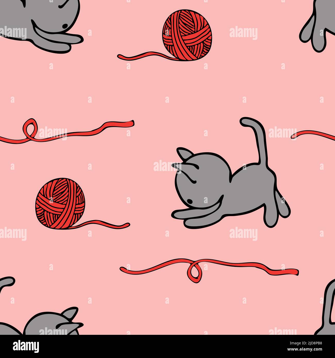 Seamless vector pattern with grey cats on pink background. Cute kitten ...